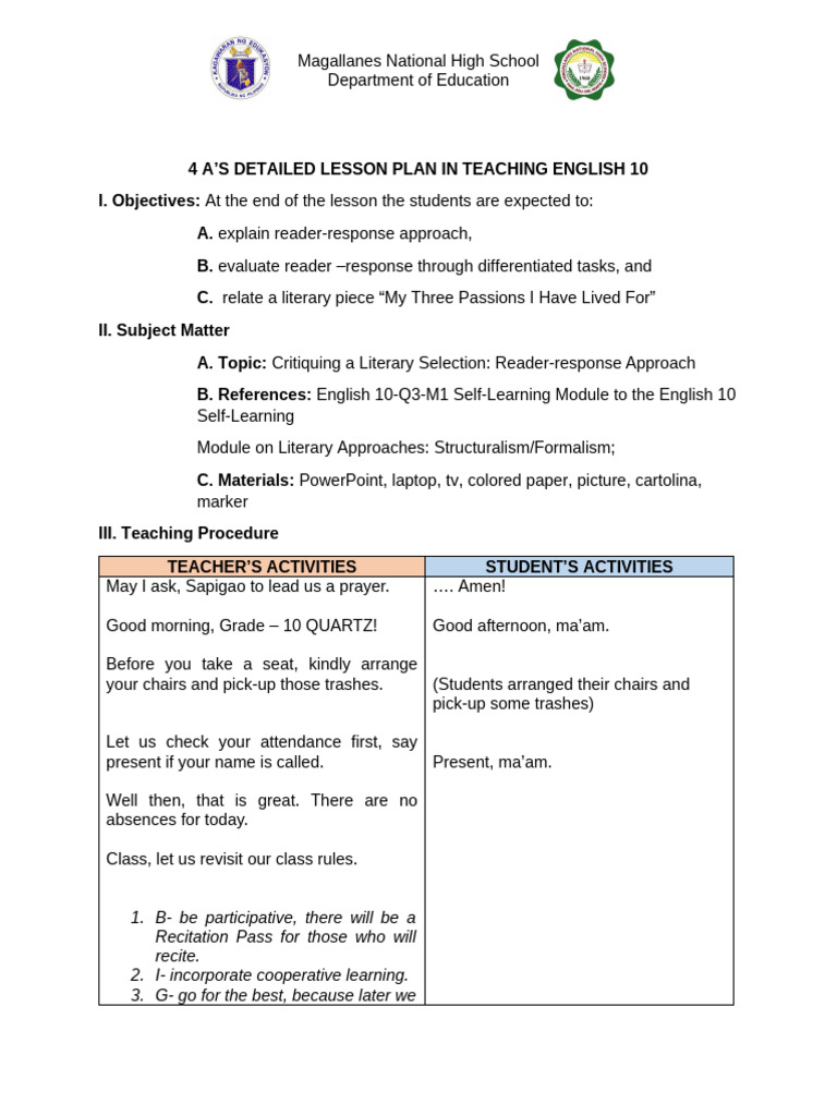 Reader-Response Lesson Plan for English 10 | PDF | Human Communication ...