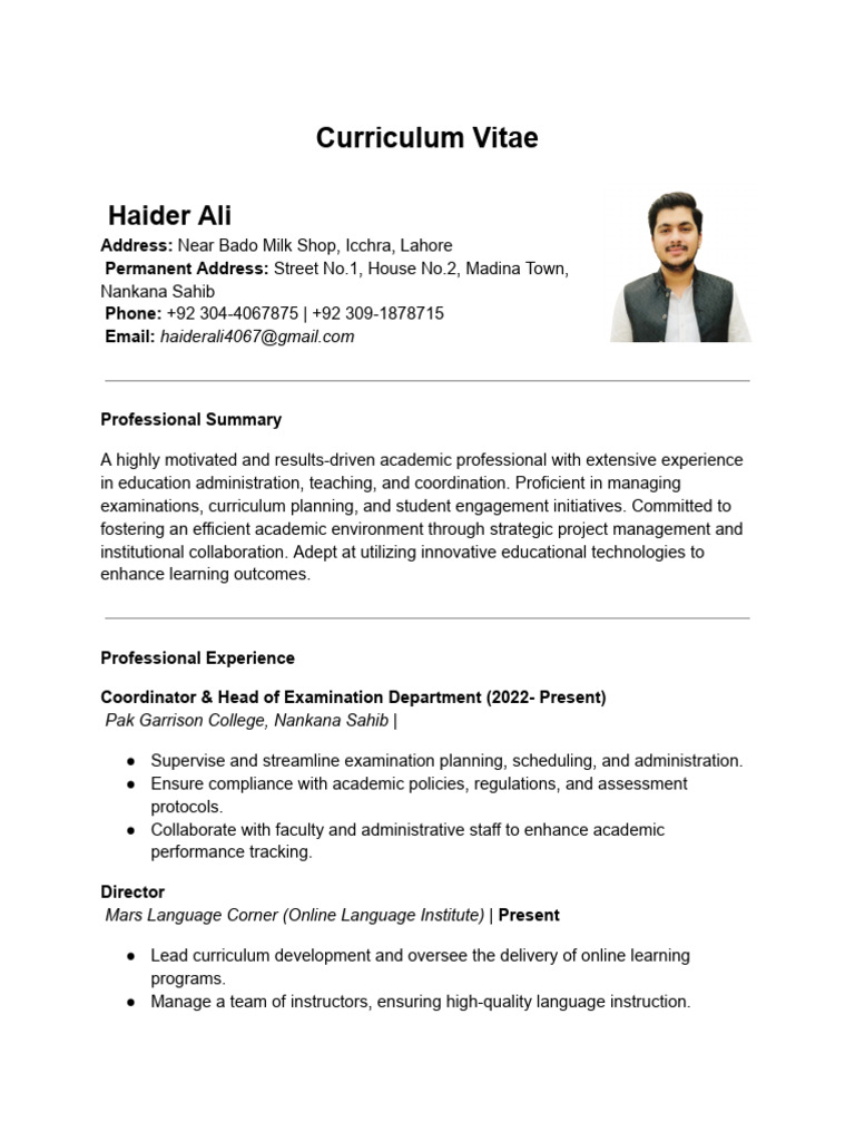 Curriculum Vitae - Haider Ali | PDF | Curriculum | Cognition