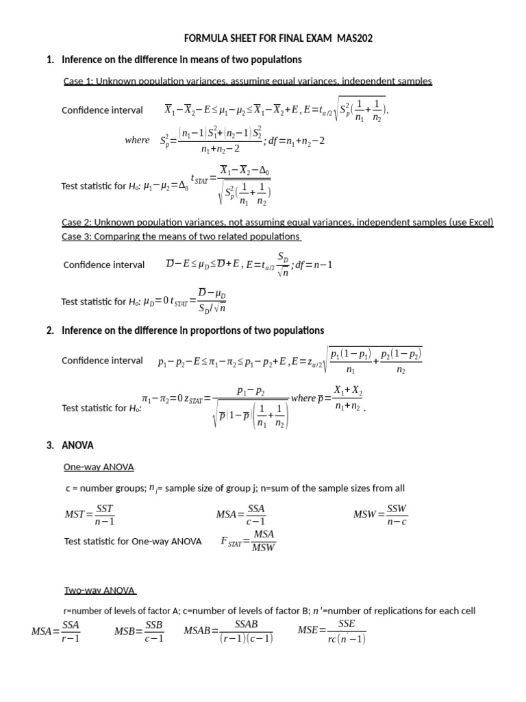 677cc494589faa9aee6cfb8a FORMULA SHEET MAS202 | PDF | F Test | Sample ...