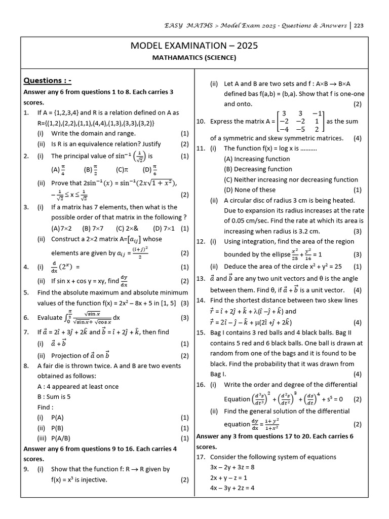 Model Exam Paper for Maths 2025 | PDF | Function (Mathematics) | Area