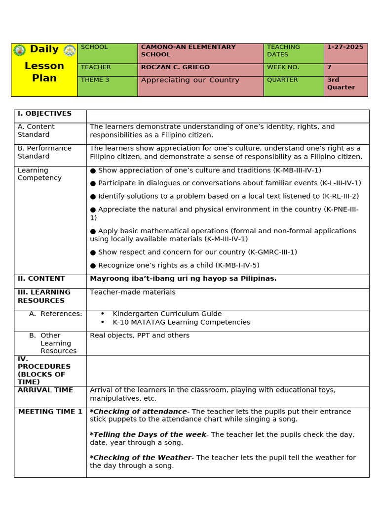 Kinder-Matatag-Lesson-Plan-WITH Iedited Week 7 | PDF | Teachers | Learning