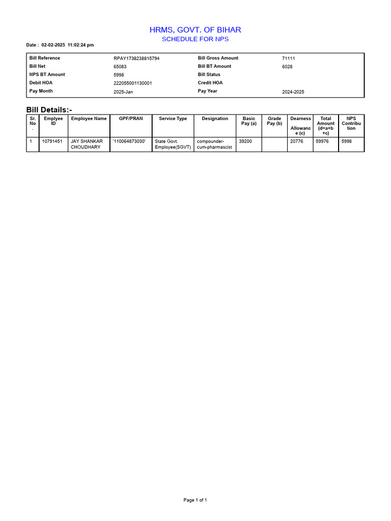 Bihar NPS Schedule for January 2025 | PDF