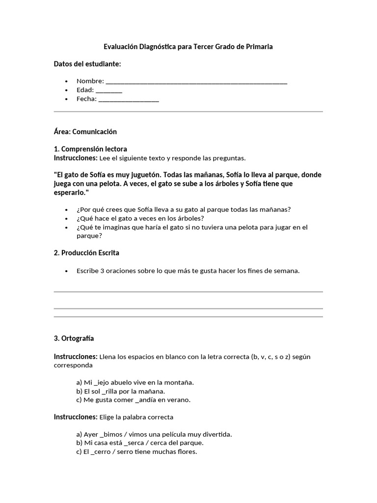 Evaluación Diagnóstica para Tercer Grado de Primaria | PDF