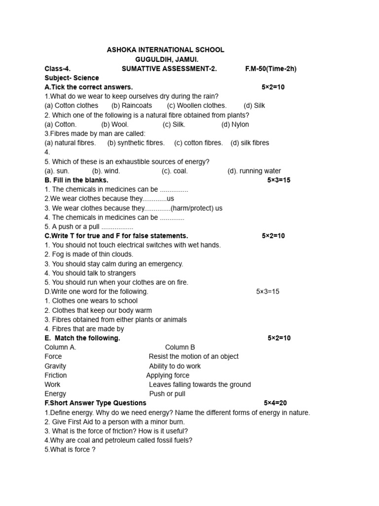 Class 4 Science Assessment Guide | PDF