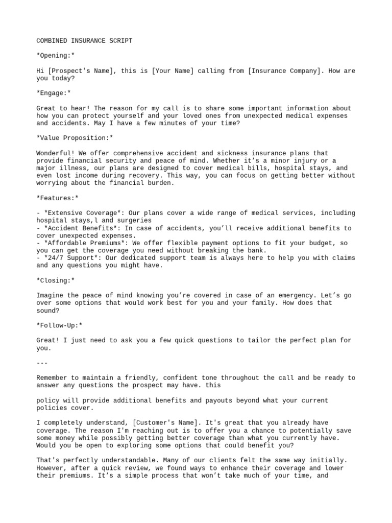 Combined Insurance Sales Script | PDF | Insurance | Health Care