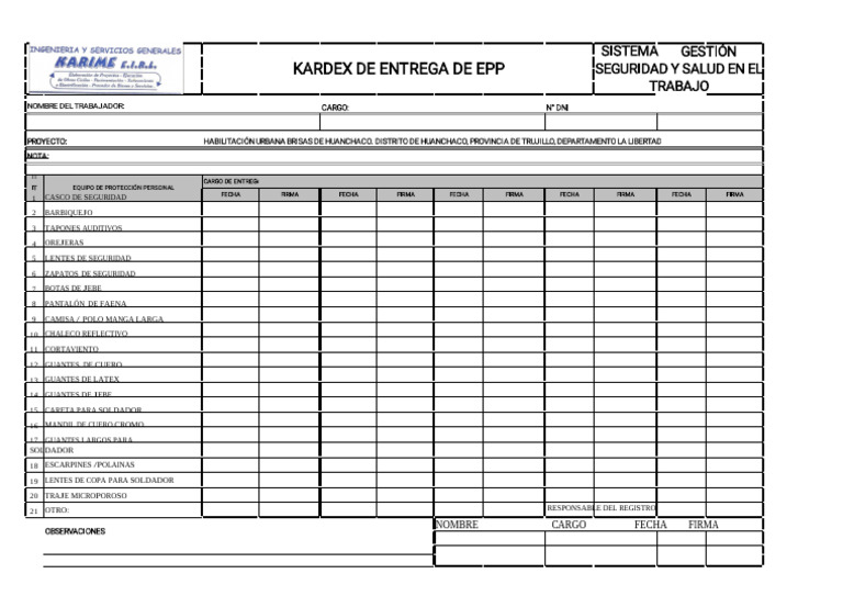 Kardex de Entrega de Epp | PDF