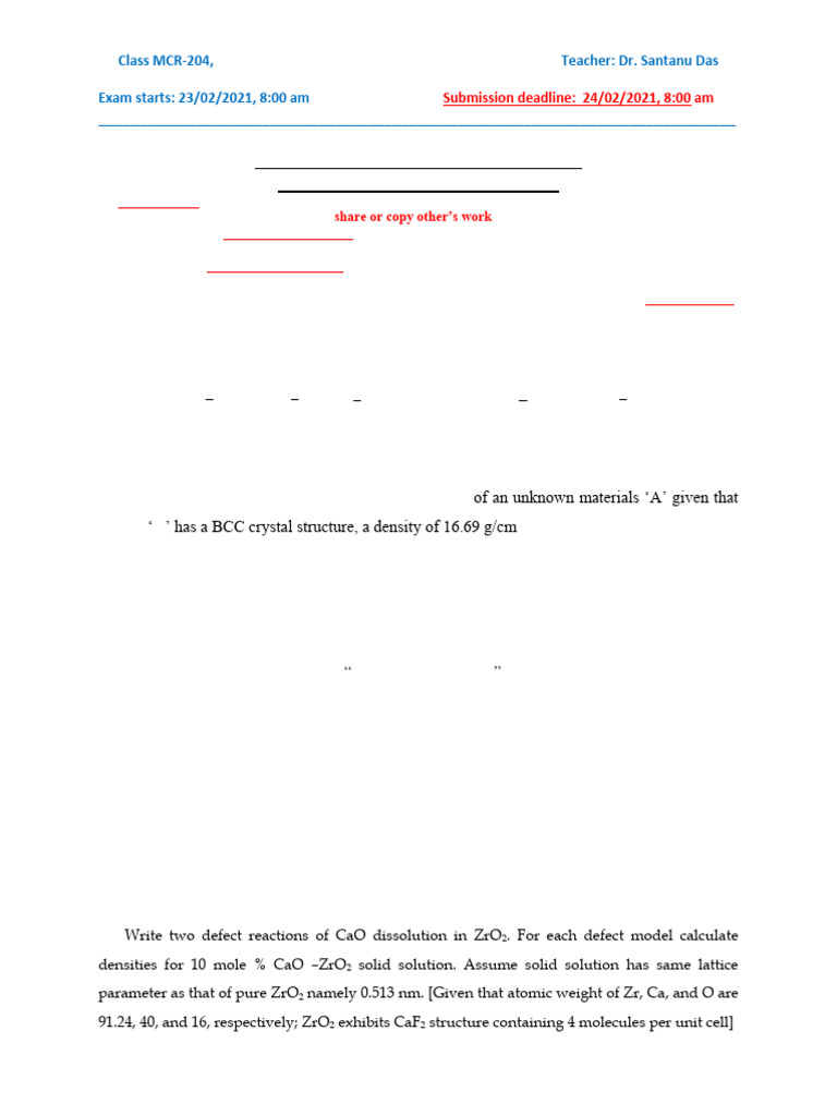 Midterm Exam - MCR-204 - 23-02-2021 | PDF | Crystal Structure | Crystal