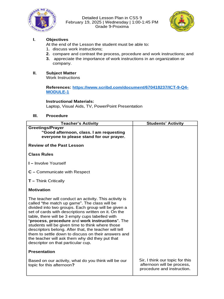 Detailed Lesson Plan Internship | PDF | Lesson Plan | Information