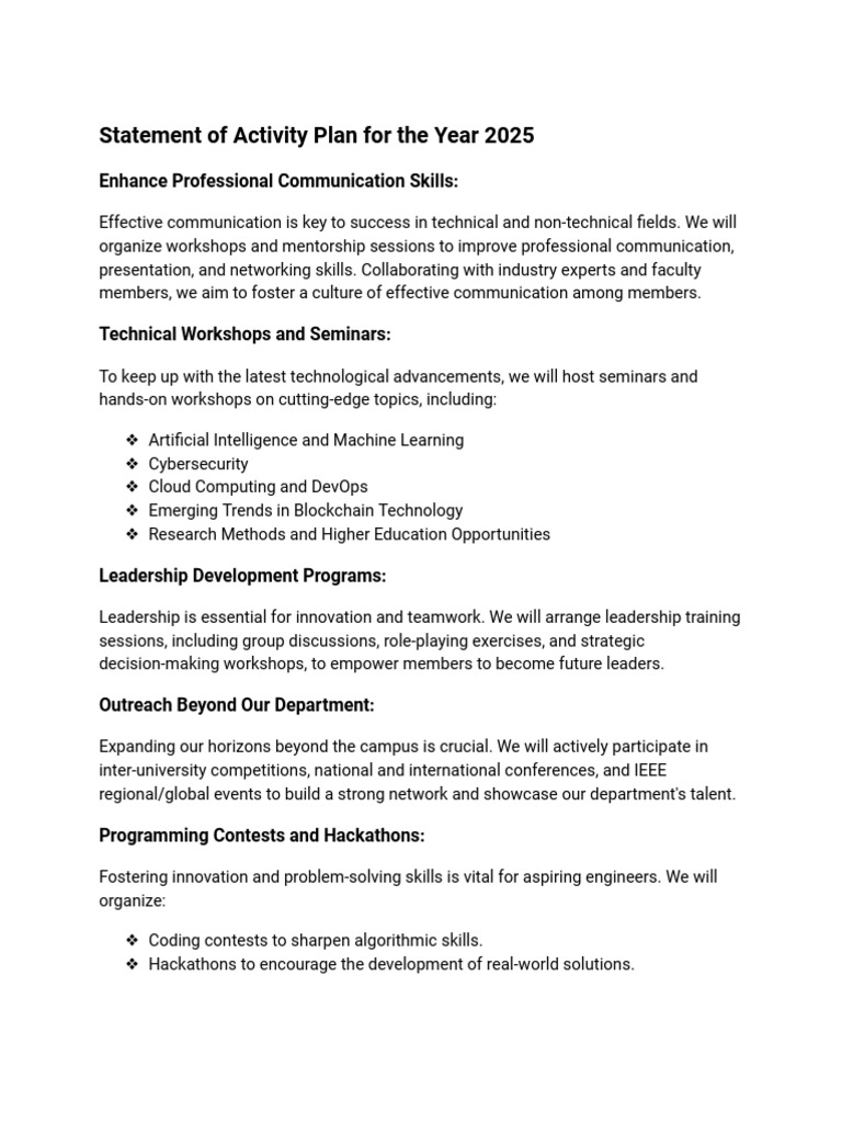 Statement of Activity Plan For The Year 2025 | PDF
