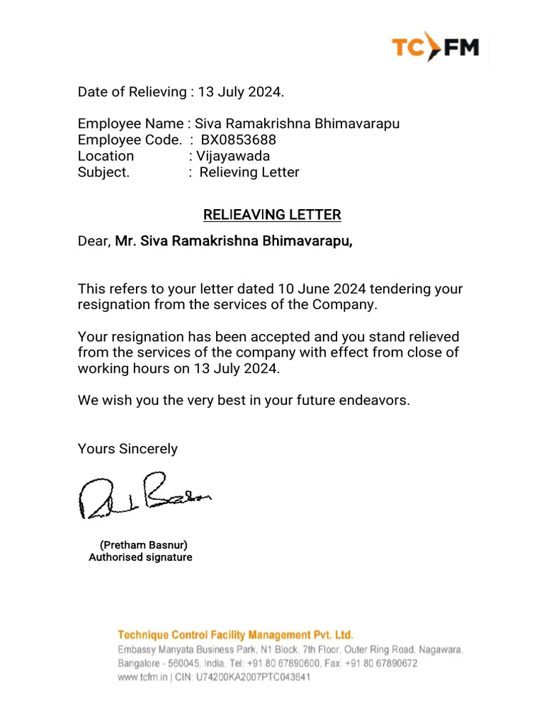 Relieving Letter for Siva Ramakrishna | PDF