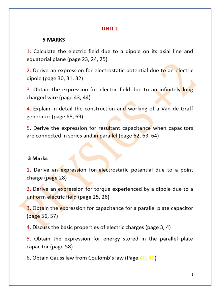 12th Physics Important 3 and 5 Mark Questions English Medium PDF Download | PDF | Inductance ...