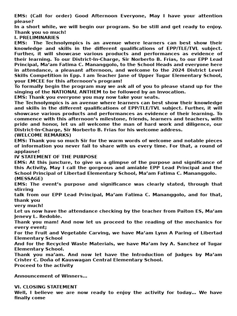 EPP EMCEE Script | PDF