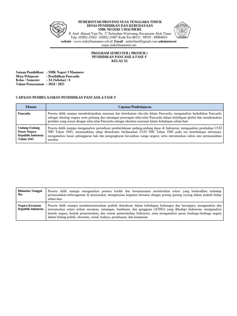 Prosem Kelas 11 SMA Pendidikan Pancasila Fase F | PDF