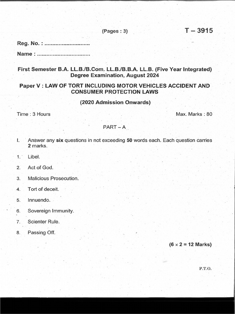 Law of Tort Including Motor Vehicles Accident and Consumer Protection ...