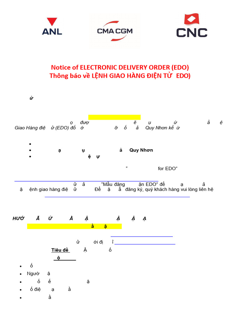 CCV Notice-Electronic Delivery Order-Quy Nhon - 0 | PDF