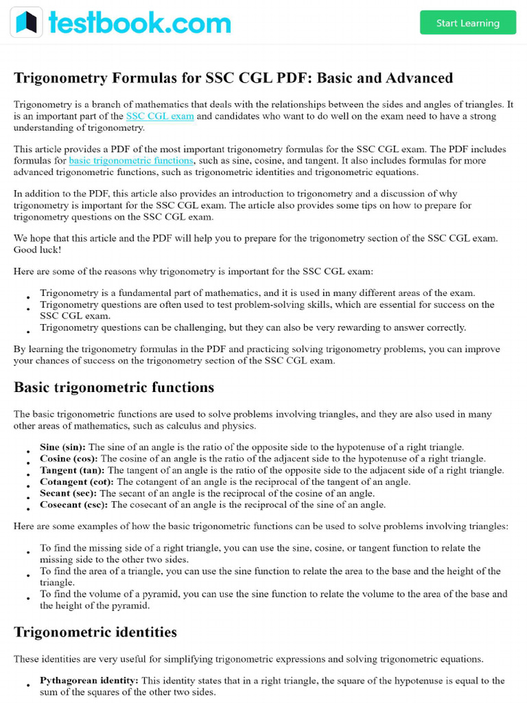 Trigonometry Formulas For SSC CGL PDF - Basic and Advanced | PDF