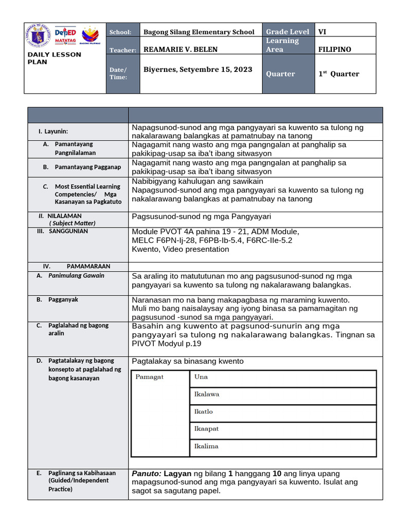 DLP - Filipino 6 Q1 W3 D4 | PDF