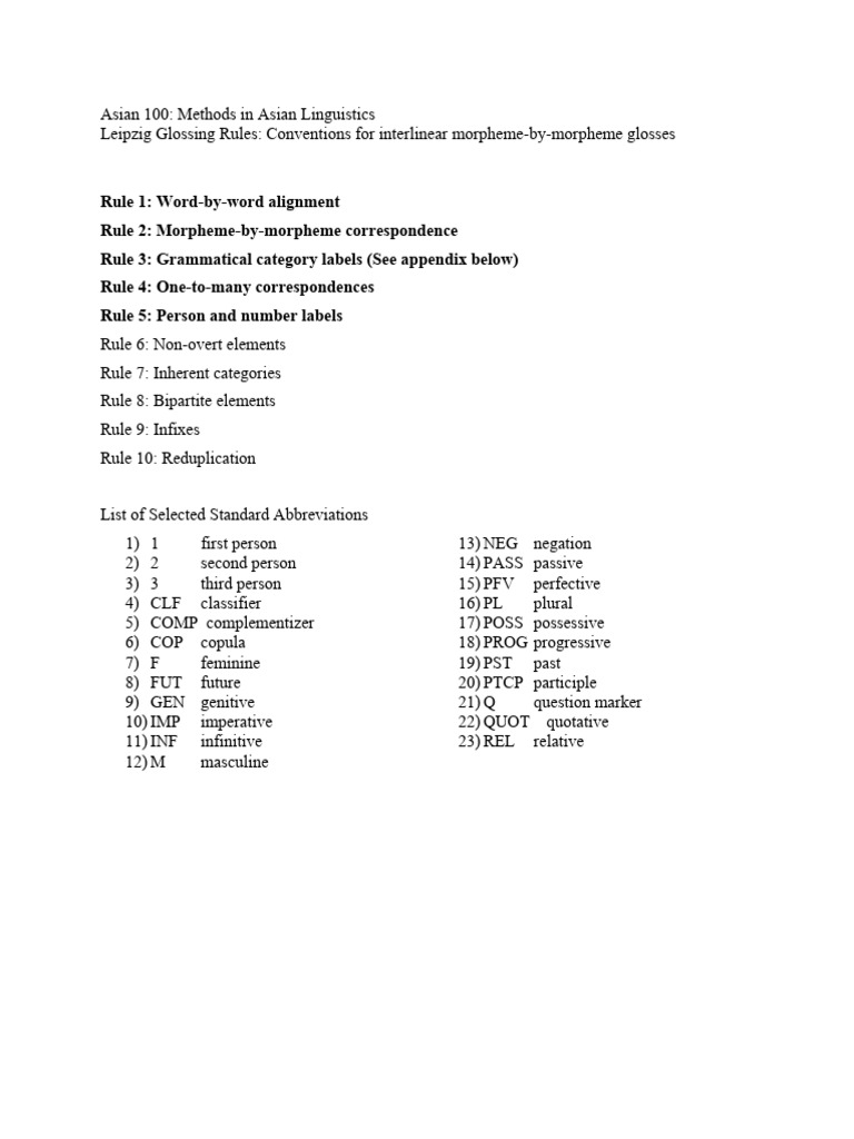 Week 02 Leipzig Glossing Rules Item List - A100 | PDF