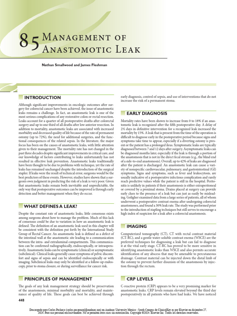 Management of Anastomotic Leak: Nathan Smallwood and James Fleshman ...