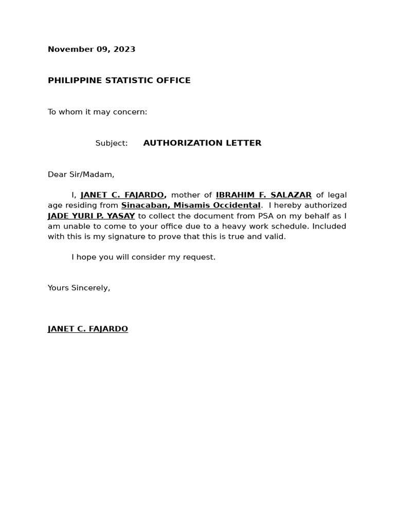 Authorization Letter Psa | PDF