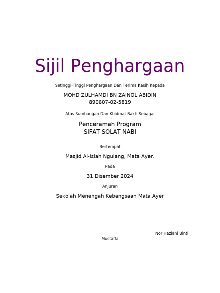 CONTOH Sijil Penghargaan | PDF