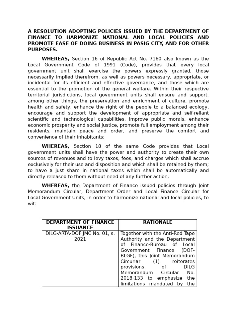 Pasig City Resolution on Finance Policies | PDF | Taxes | Justice