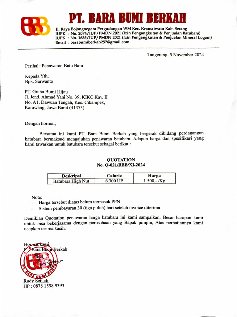 Surat Penawaran PT. Graha Bumi Hijau | PDF