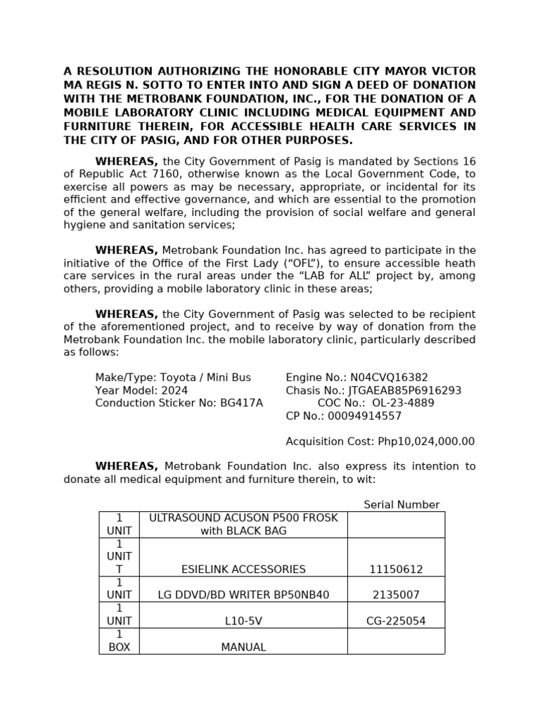Reso - Deed of Donation With Metrobank Foundation Inc. | PDF