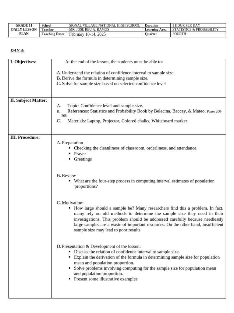 Grade 11 Statistics Lesson Plan: Sample Size | PDF | Sample Size ...