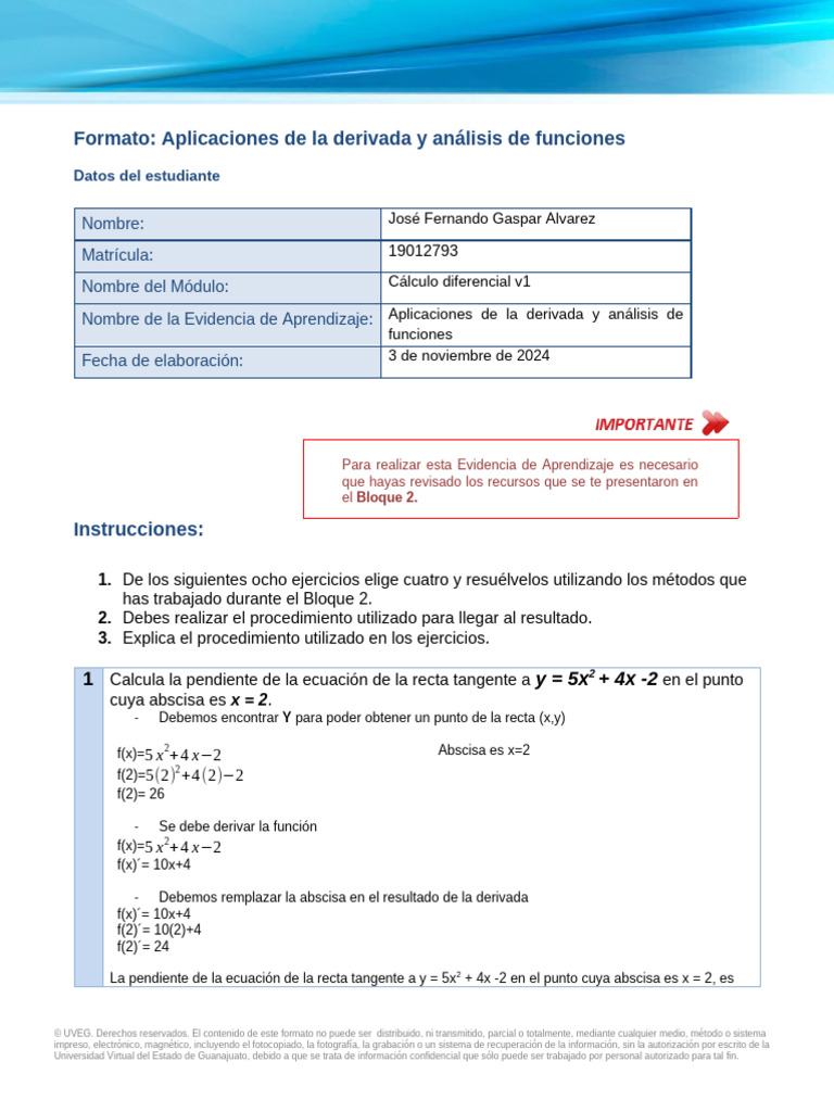 Gaspar_Jose_Aplicaciones de la derivada y análisis de funciones | PDF | Pendiente | Línea ...