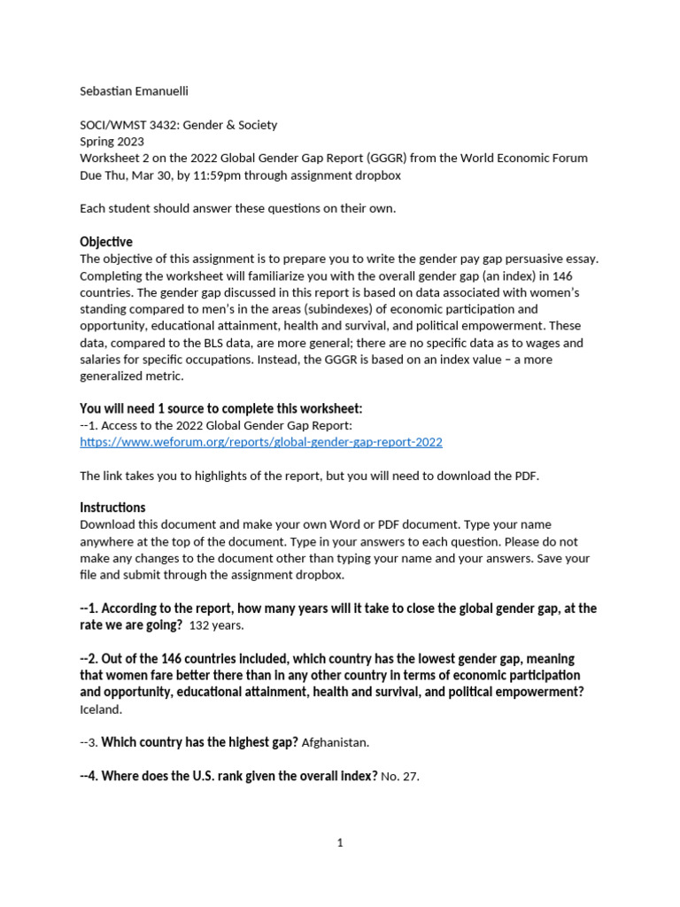 Gender sp23 Worksheet On Global Gender Gap Repor FILLED | PDF | Gender ...
