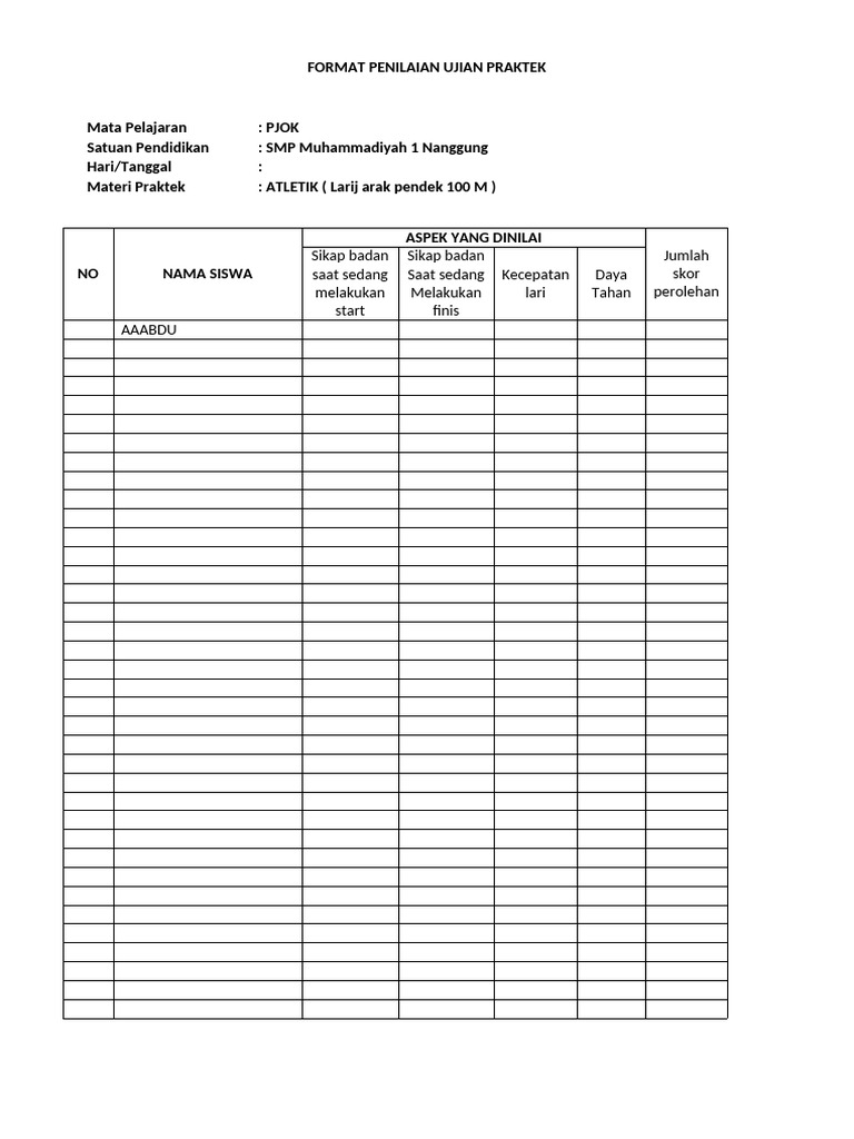 Format Penilaian Ujian Praktek | PDF