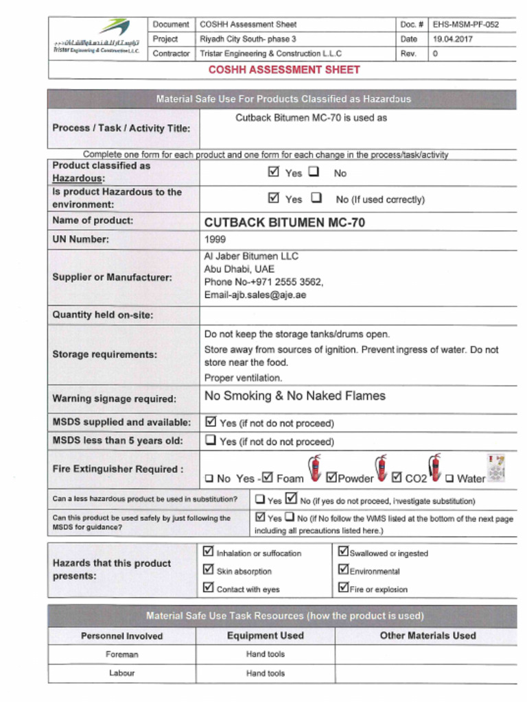 COSHH Assessment Bitumen - Hazardous Materials | PDF