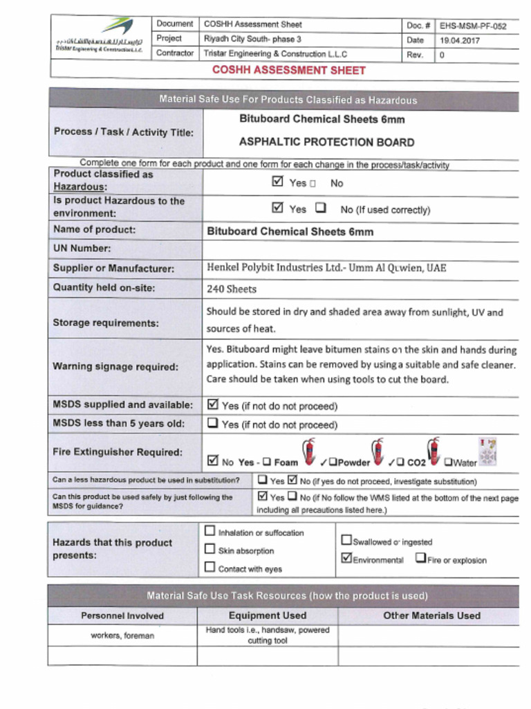 Bituboard Chemical Sheet COSHH Assessment | PDF