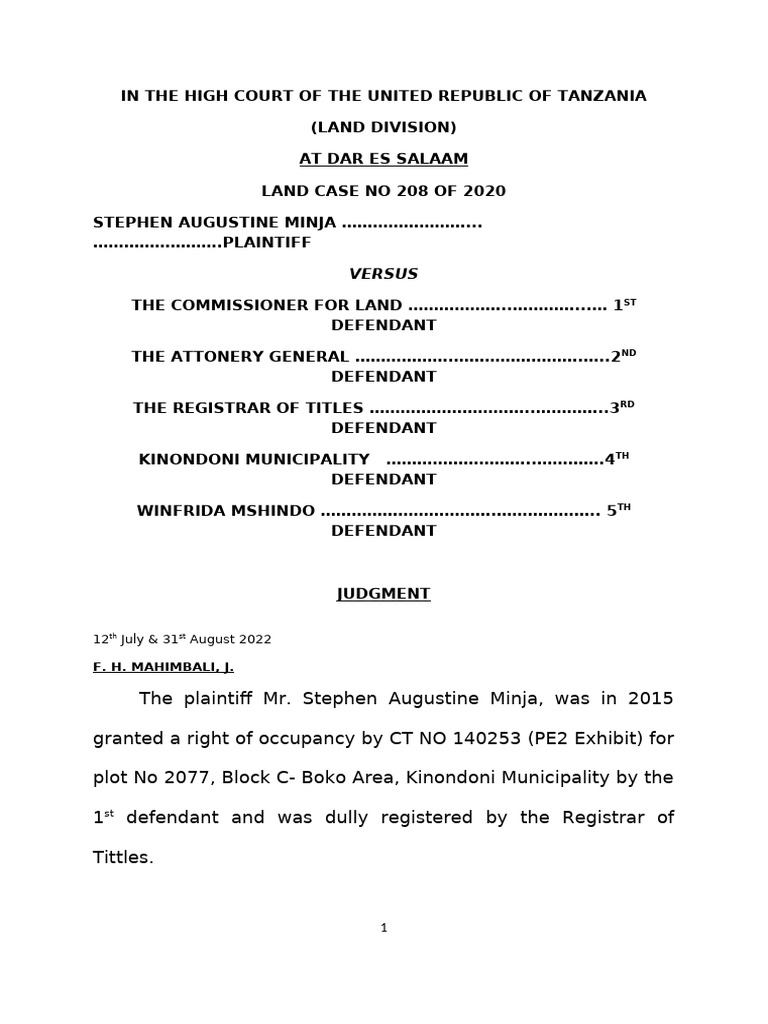Stephen Augustine Minja Vs Commissioner For Land and 4 Others (Land ...