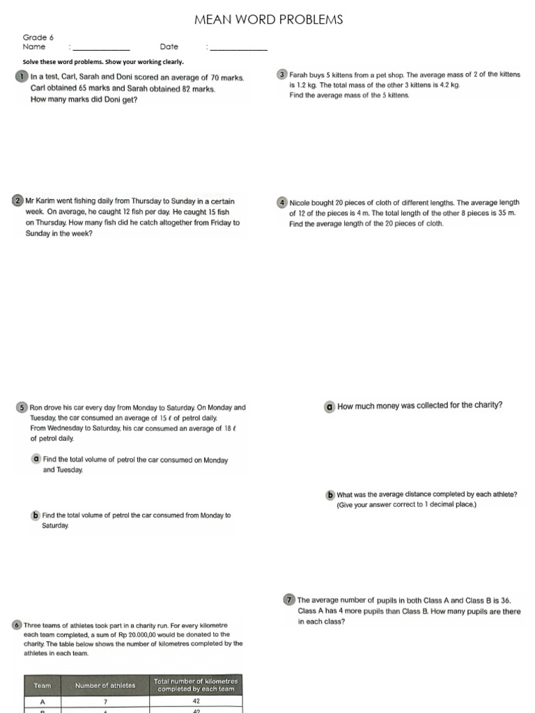 Grade 6 Mean Word Problems Guide | PDF