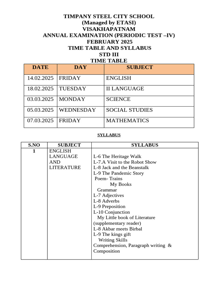 STD-III ANNUAL EXAM TIME TABLE AND SYLLABUS 2025 | PDF