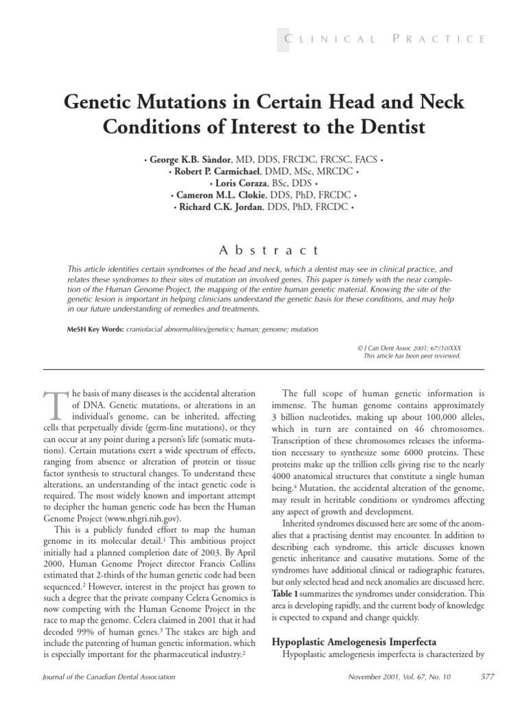 72 Genetic Mutations in Certain Head and Neck Conditions of Interest To ...