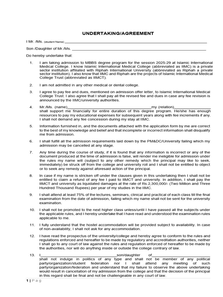 Undertaking-Agreement (MBBS Students) On Stamp Paper For Session 2025 | PDF | Affidavit | Justice