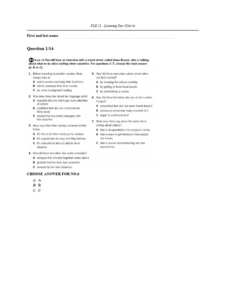 FCE 51 - Listening Test (Unit 4) - Questions | PDF