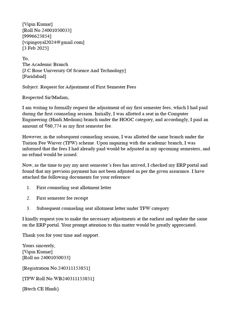 Fee Adjustment Request for TFW Scheme | PDF
