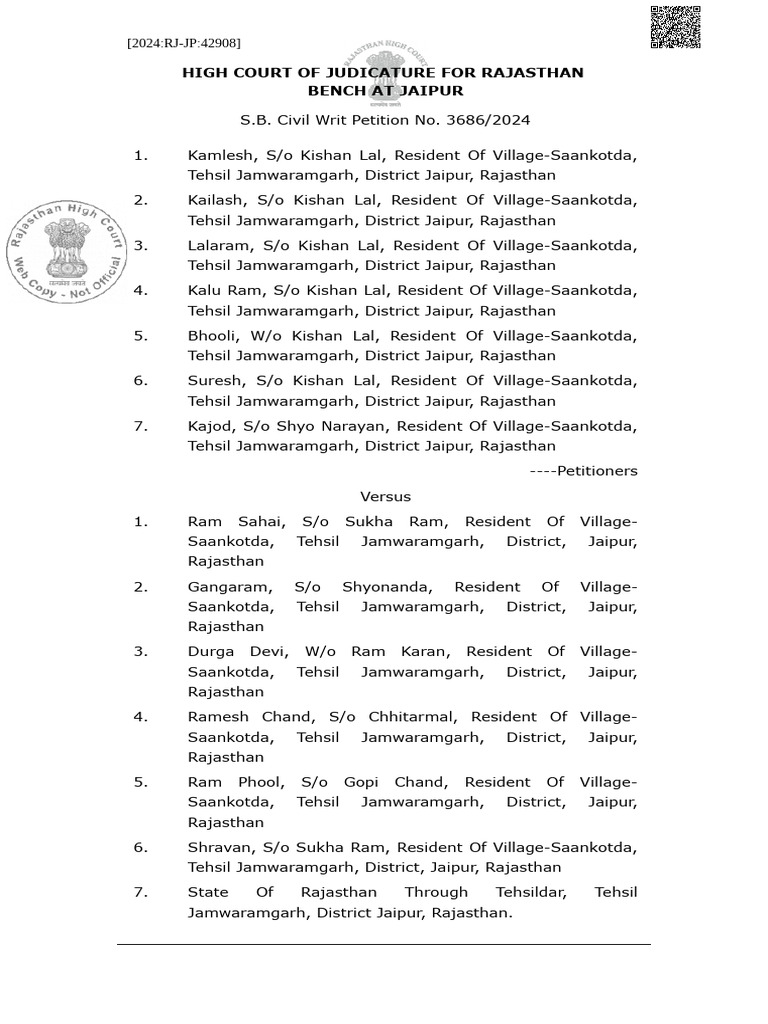 Rajasthan High Court Writ Petition 3686/2024 | PDF | Courts | Constitutional Law
