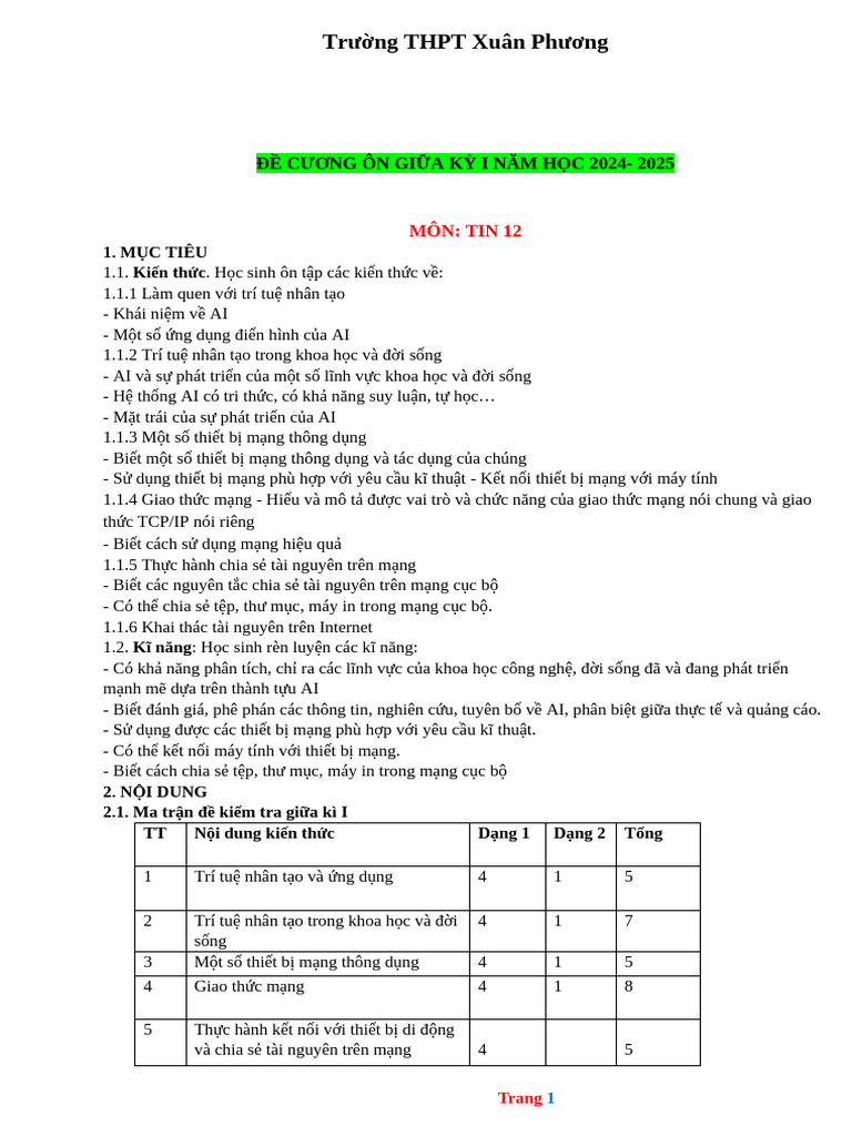 De Cuong On Tap Giua HK1 Tin 12 KNTT Nam Hoc 24 25 | PDF