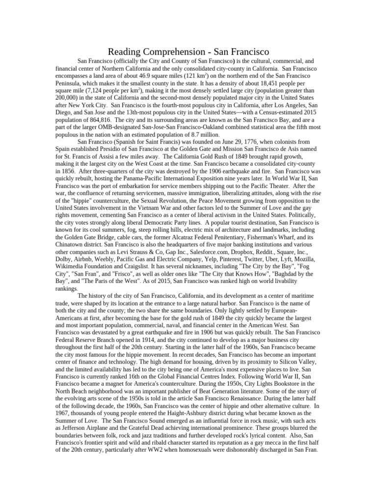 Reading Comprehension 2-24-25 | PDF | San Francisco | California