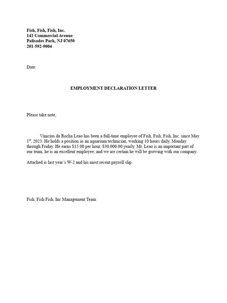 Employment Declaration Letter - Vinicius Da Rocha Leao | PDF