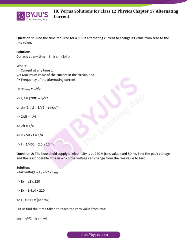 HC Verma Solutions Class 12 Physics Chapter 17 Alternating Current | PDF | Inductor | Capacitor