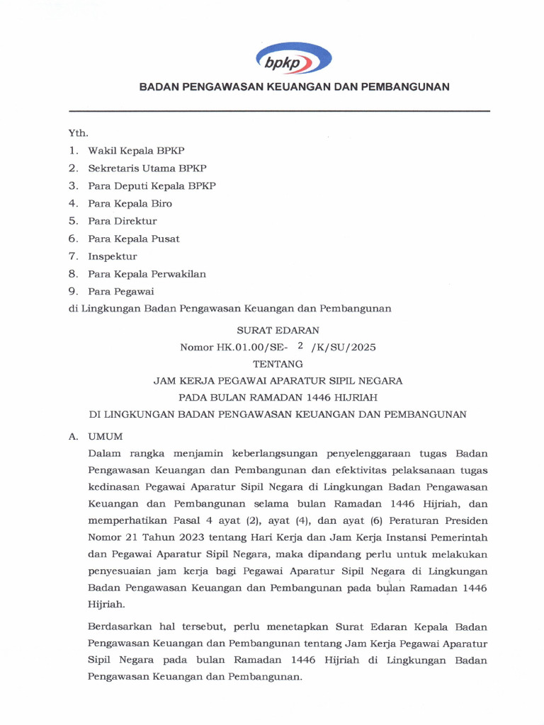 HK.01.01-SE-2-K-SU-2025 Surat Edaran Jam Kerja ASN Pada Bulan Ramadan 1446 H | PDF