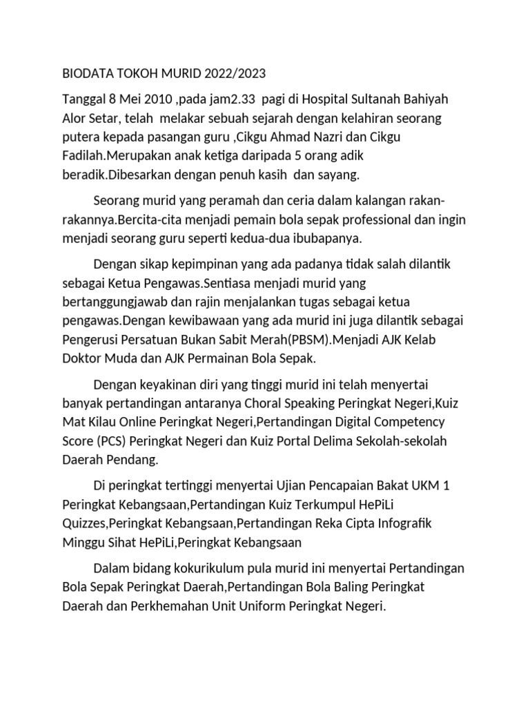 Tokoh Murid SKHMA 2022/2023: Ahmad Taufiq | PDF