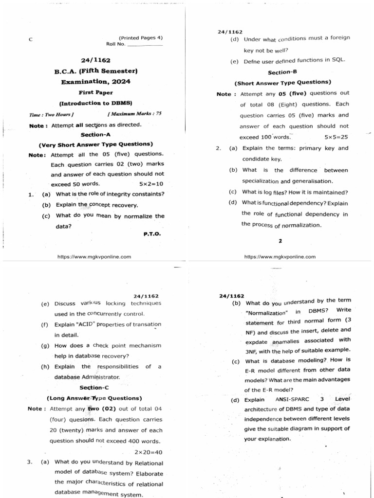 Bca 5 Sem Introduction To Dbms 1162 2024 | PDF