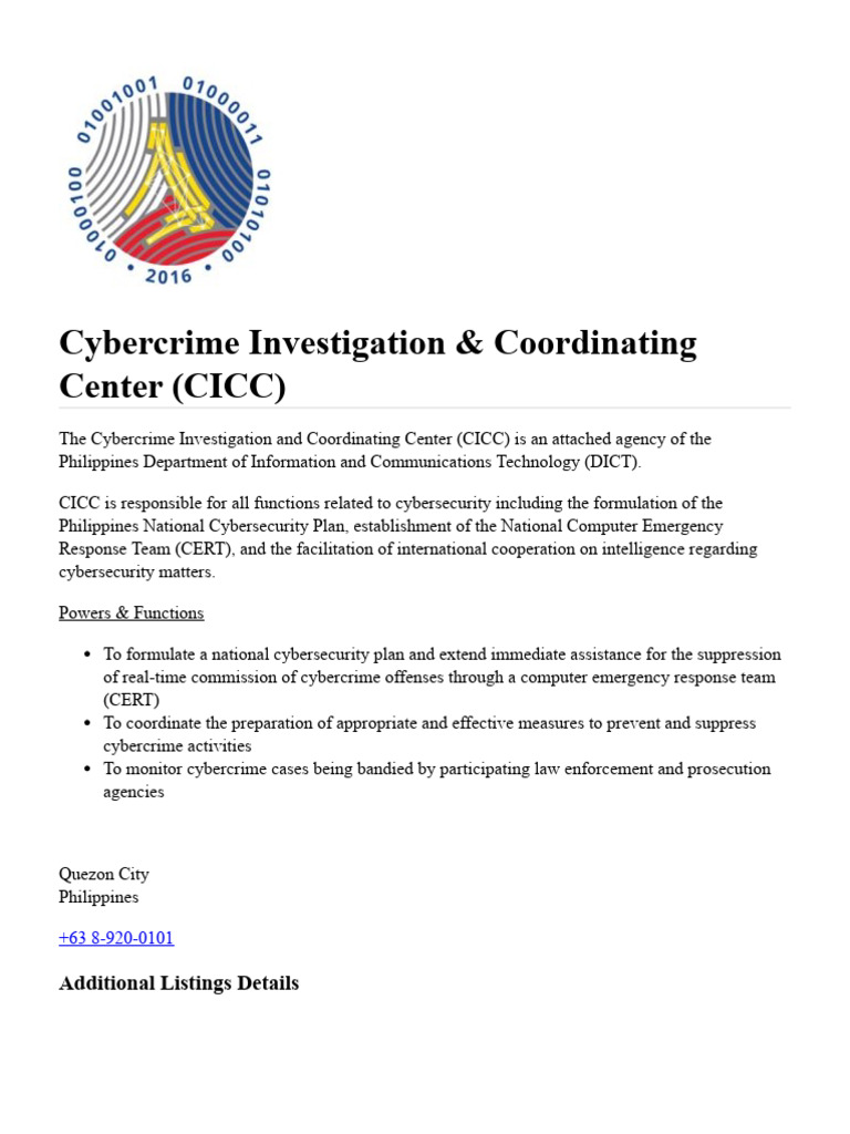 Cybercrime Investigation & Coordinating Center (CICC) | PDF